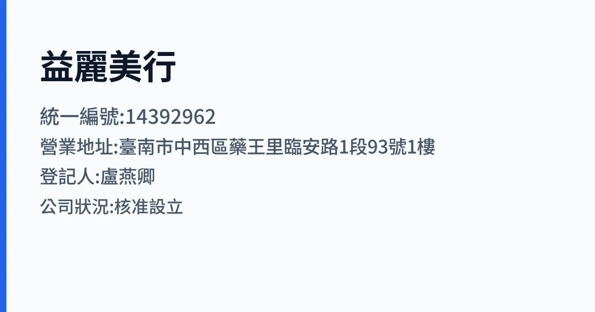 益麗美行 - 統編 14392962(臺南市) 公司登記資料與營業項目詳細圖表