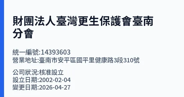 財團法人臺灣更生保護會臺南分會的照片-統編 14393603(臺南市) 公司登記資料與營業項目詳細圖表