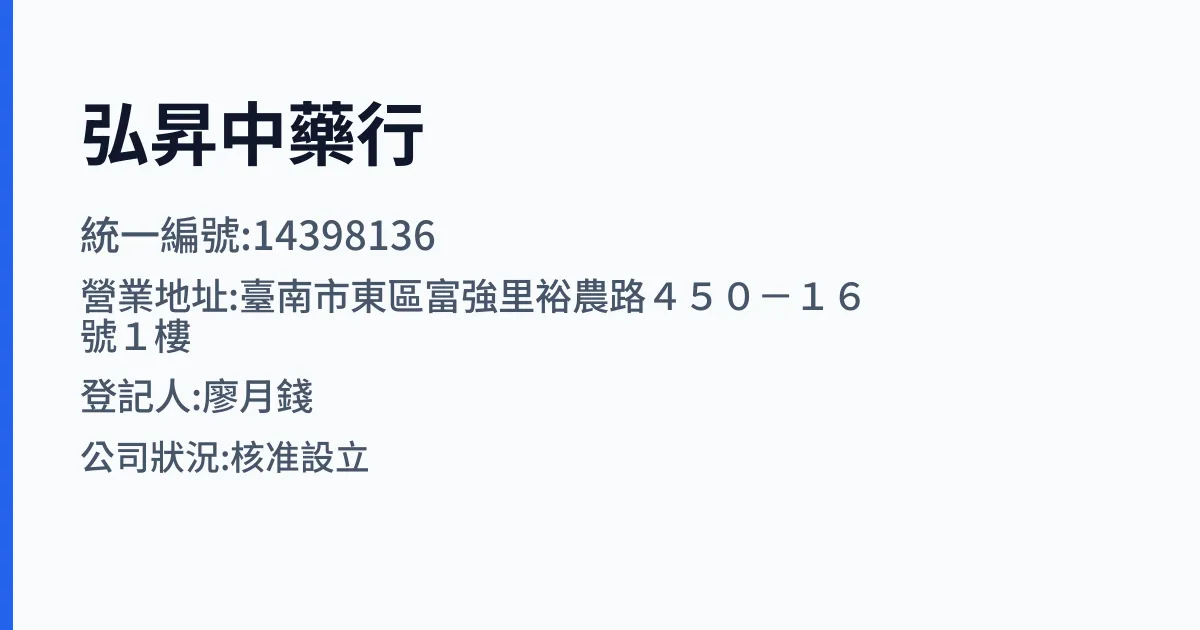 弘昇中藥行 - 統編 14398136(臺南市) 公司登記資料與營業項目詳細圖表
