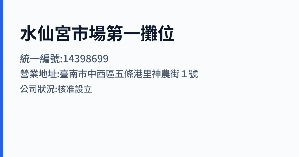水仙宮市場第一攤位 - 統編 14398699(臺南市) 公司登記資料與營業項目詳細圖表