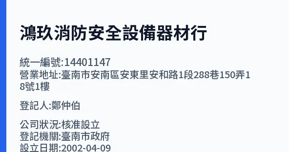 鴻玖消防安全設備器材行的照片-統編 14401147(臺南市) 公司登記資料與營業項目詳細圖表