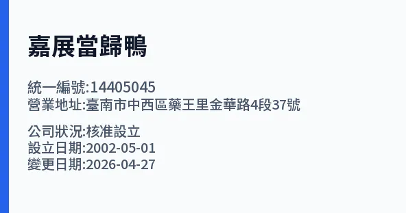 嘉展當歸鴨的照片-統編 14405045(臺南市) 公司登記資料與營業項目詳細圖表