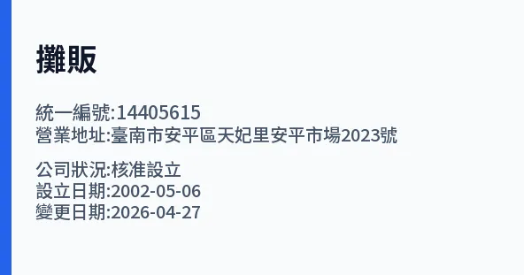 攤販的照片-統編 14405615(臺南市) 公司登記資料與營業項目詳細圖表