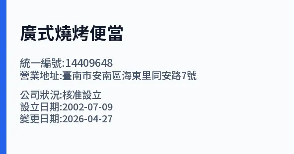 廣式燒烤便當的照片-統編 14409648(臺南市) 公司登記資料與營業項目詳細圖表
