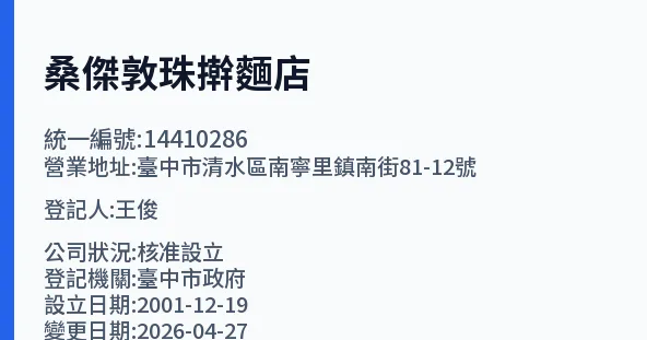 桑傑敦珠擀麵店的照片-統編 14410286(臺中市) 公司登記資料與營業項目詳細圖表