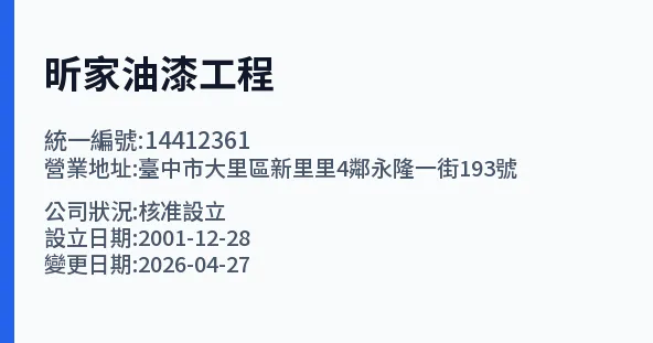 昕家油漆工程的照片-統編 14412361(臺中市) 公司登記資料與營業項目詳細圖表