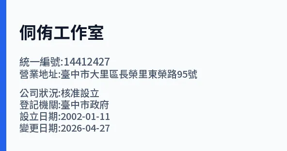 侗侑工作室的照片-統編 14412427(臺中市) 公司登記資料與營業項目詳細圖表