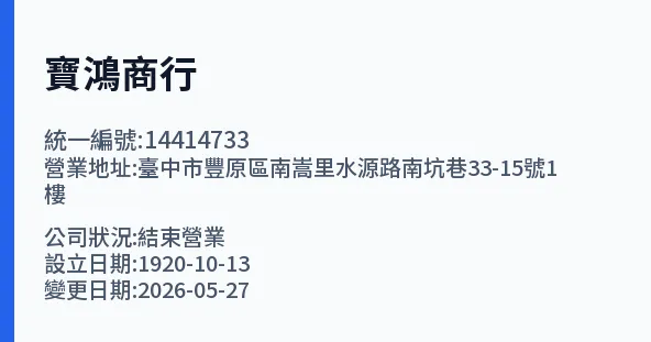寶鴻商行的照片-統編 14414733(臺中市) 公司登記資料與營業項目詳細圖表