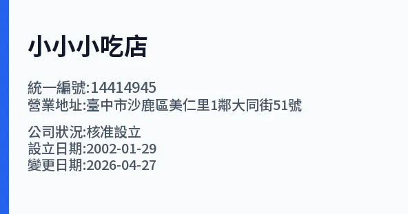 小小小吃店的照片-統編 14414945(臺中市) 公司登記資料與營業項目詳細圖表