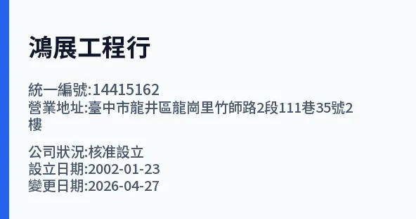 鴻展工程行的照片-統編 14415162(臺中市) 公司登記資料與營業項目詳細圖表