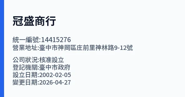 冠盛商行的照片-統編 14415276(臺中市) 公司登記資料與營業項目詳細圖表