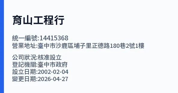 育山工程行的照片-統編 14415368(臺中市) 公司登記資料與營業項目詳細圖表