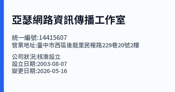 亞瑟網路資訊傳播工作室的照片-統編 14415607(臺中市) 公司登記資料與營業項目詳細圖表