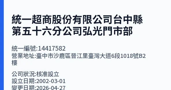 統一超商股份有限公司台中縣第五十六分公司弘光門市部的照片-統編 14417582(臺中市) 公司登記資料與營業項目詳細圖表