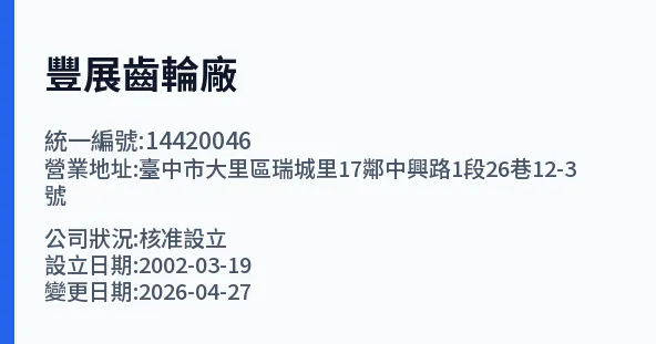 豐展齒輪廠的照片-統編 14420046(臺中市) 公司登記資料與營業項目詳細圖表