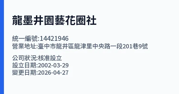 龍墨井園藝花圈社的照片-統編 14421946(臺中市) 公司登記資料與營業項目詳細圖表