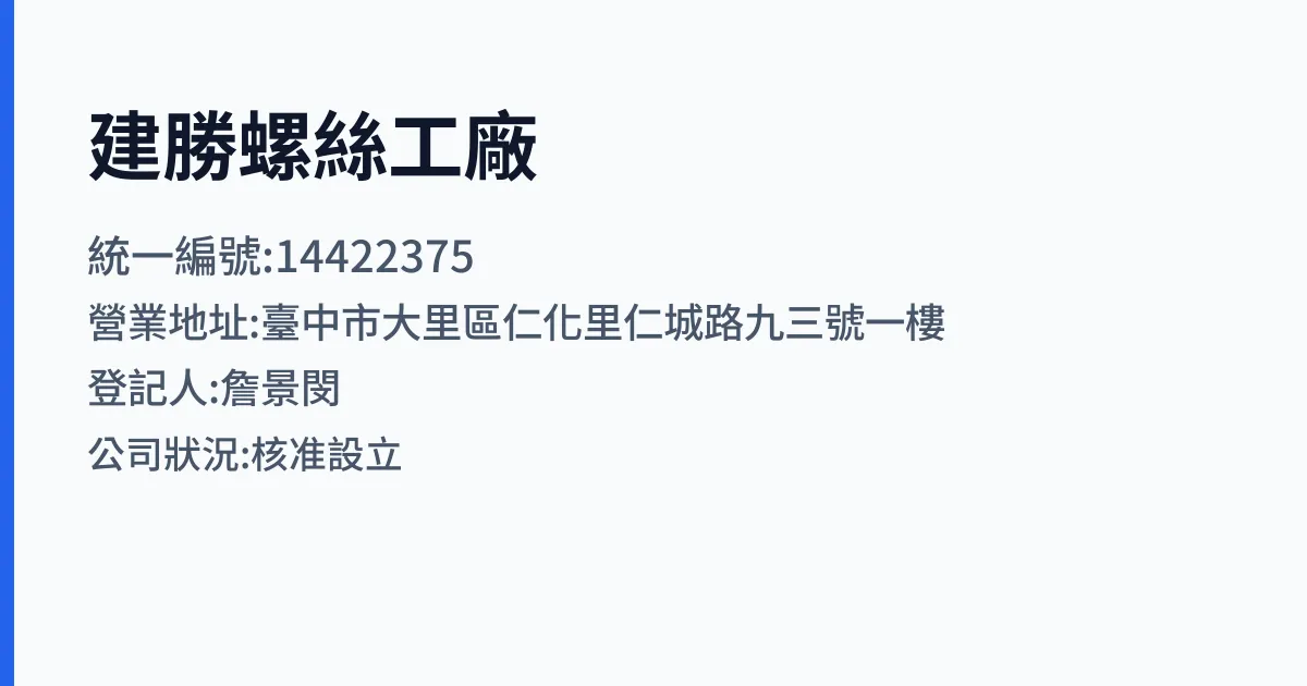 建勝螺絲工廠 - 統編 14422375(臺中市) 公司登記資料與營業項目詳細圖表
