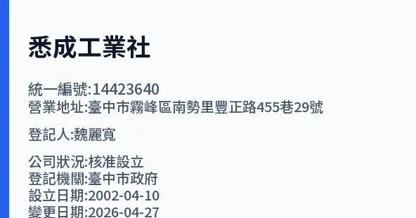 悉成工業社的照片-統編 14423640(臺中市) 公司登記資料與營業項目詳細圖表