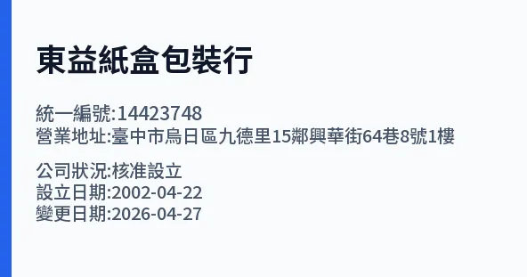 東益紙盒包裝行的照片-統編 14423748(臺中市) 公司登記資料與營業項目詳細圖表
