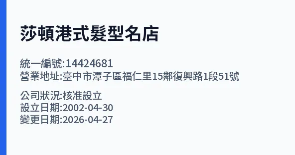 莎頓港式髮型名店的照片-統編 14424681(臺中市) 公司登記資料與營業項目詳細圖表