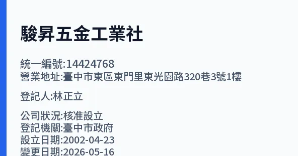 駿昇五金工業社的照片-統編 14424768(臺中市) 公司登記資料與營業項目詳細圖表