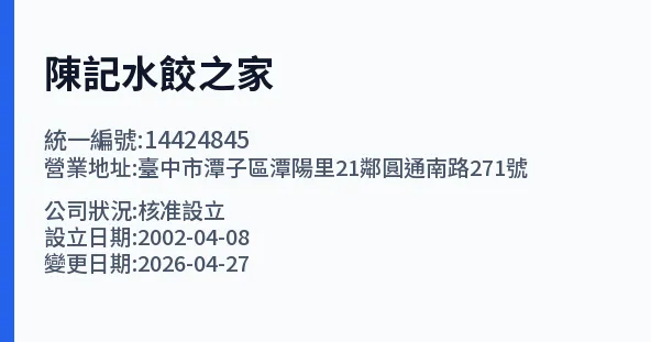 陳記水餃之家的照片-統編 14424845(臺中市) 公司登記資料與營業項目詳細圖表
