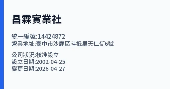 昌霖實業社的照片-統編 14424872(臺中市) 公司登記資料與營業項目詳細圖表