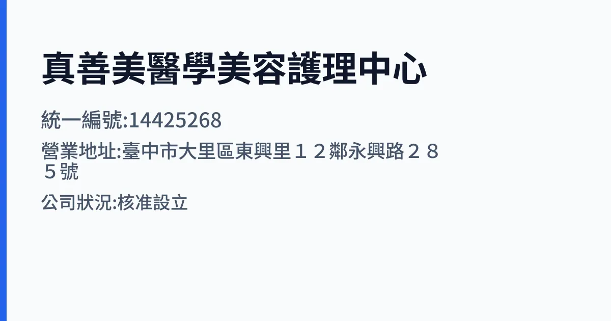 真善美醫學美容護理中心 - 統編 14425268(臺中市) 公司登記資料與營業項目詳細圖表