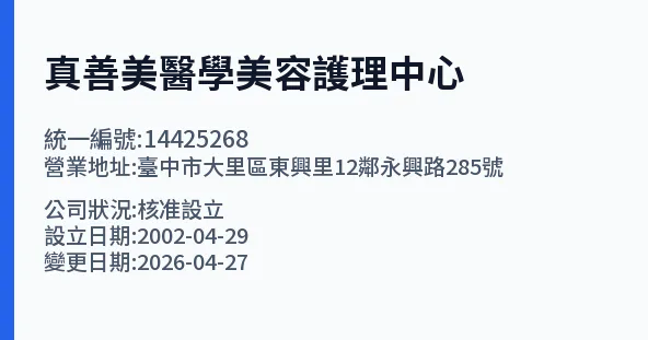 真善美醫學美容護理中心的照片-統編 14425268(臺中市) 公司登記資料與營業項目詳細圖表