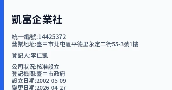 凱富企業社的照片-統編 14425372(臺中市) 公司登記資料與營業項目詳細圖表