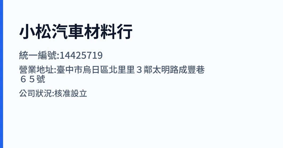 小松汽車材料行 - 統編 14425719(臺中市) 公司登記資料與營業項目詳細圖表