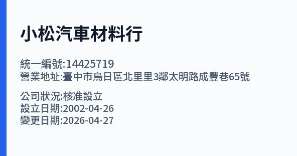 小松汽車材料行的照片-統編 14425719(臺中市) 公司登記資料與營業項目詳細圖表