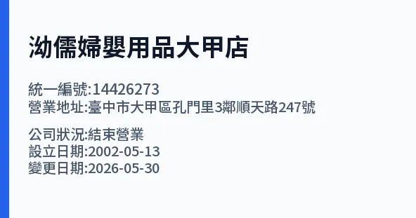 泑儒婦嬰用品大甲店的照片-統編 14426273(臺中市) 公司登記資料與營業項目詳細圖表