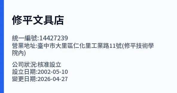 修平文具店的照片-統編 14427239(臺中市) 公司登記資料與營業項目詳細圖表