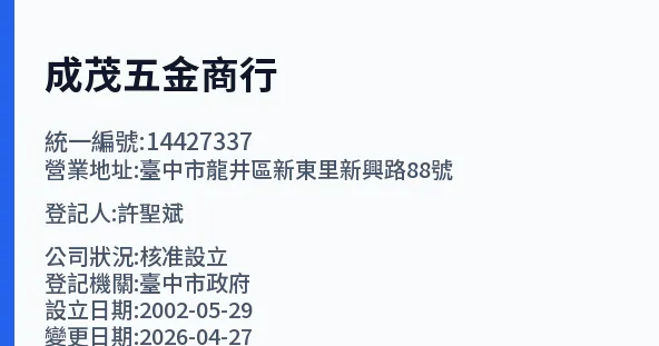 成茂五金商行的照片-統編 14427337(臺中市) 公司登記資料與營業項目詳細圖表