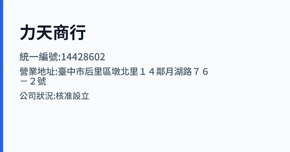 力天商行 - 統編 14428602(臺中市) 公司登記資料與營業項目詳細圖表