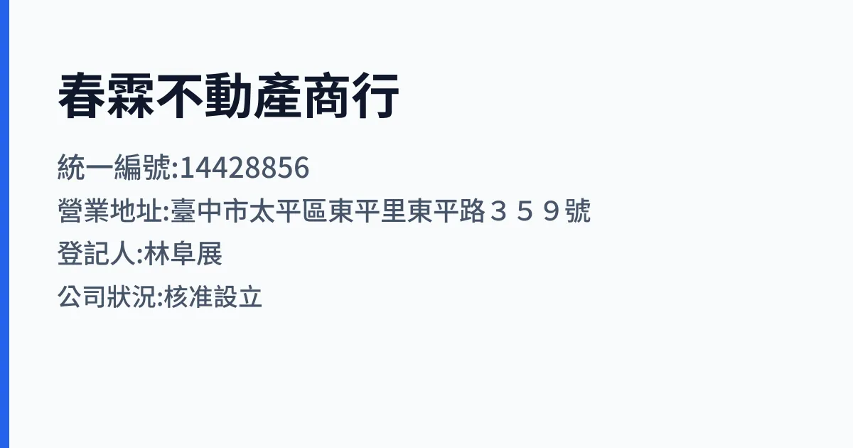 春霖不動產商行 - 統編 14428856(臺中市) 公司登記資料與營業項目詳細圖表