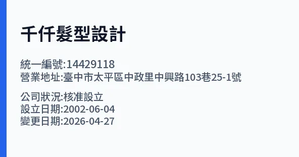 千仟髮型設計的照片-統編 14429118(臺中市) 公司登記資料與營業項目詳細圖表