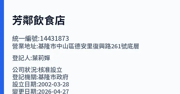 芳鄰飲食店的照片-統編 14431873(基隆市) 公司登記資料與營業項目詳細圖表