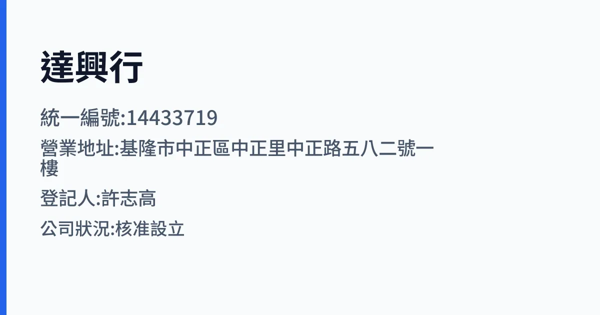 達興行 - 統編 14433719(基隆市) 公司登記資料與營業項目詳細圖表