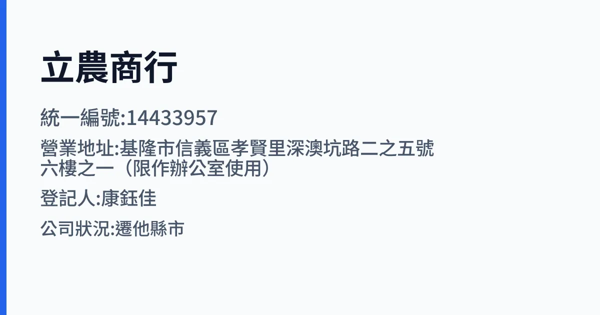 立農商行 - 統編 14433957(臺北市) 公司登記資料與營業項目詳細圖表