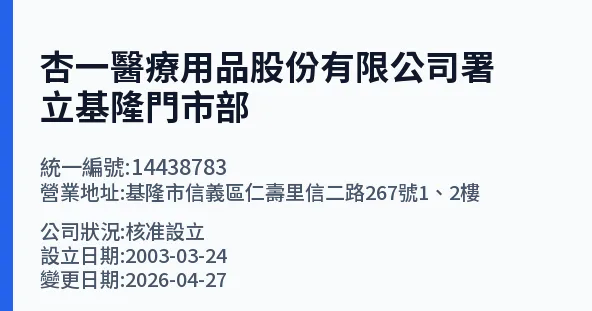杏一醫療用品股份有限公司署立基隆門市部的照片-統編 14438783(基隆市) 公司登記資料與營業項目詳細圖表