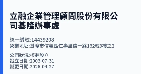 立融企業管理顧問股份有限公司基隆辦事處的照片-統編 14439208(基隆市) 公司登記資料與營業項目詳細圖表