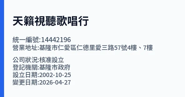 天籟視聽歌唱行的照片-統編 14442196(基隆市) 公司登記資料與營業項目詳細圖表