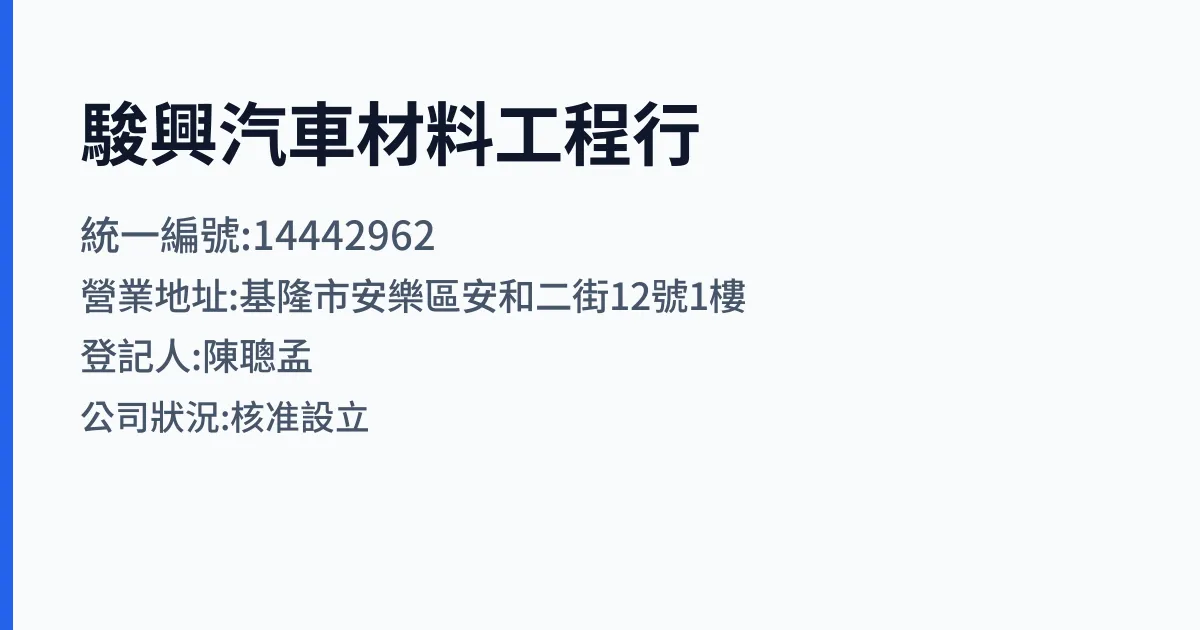 駿興汽車材料工程行 - 統編 14442962(基隆市) 公司登記資料與營業項目詳細圖表