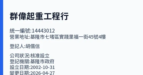 群偉起重工程行的照片-統編 14443012(基隆市) 公司登記資料與營業項目詳細圖表