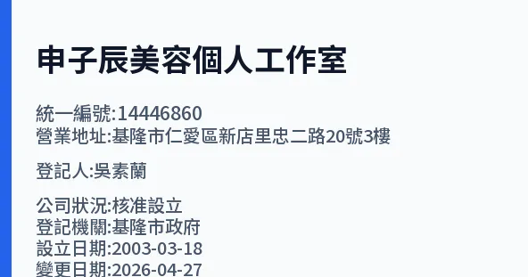 申子辰美容個人工作室的照片-統編 14446860(基隆市) 公司登記資料與營業項目詳細圖表
