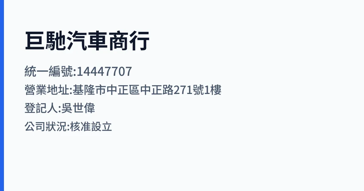 巨馳汽車商行 - 統編 14447707(基隆市) 公司登記資料與營業項目詳細圖表