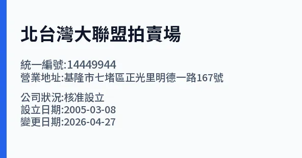 北台灣大聯盟拍賣場的照片-統編 14449944(基隆市) 公司登記資料與營業項目詳細圖表