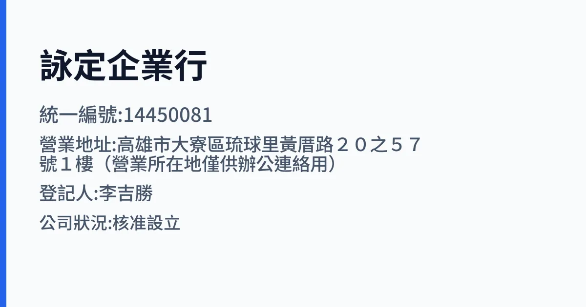 詠定企業行 - 統編 14450081(高雄市) 公司登記資料與營業項目詳細圖表